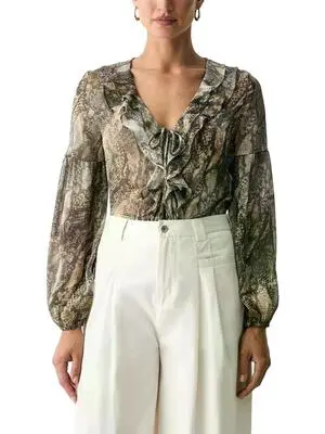 Guess Ruffled Snake-print Blouse With Front Tie - Brown