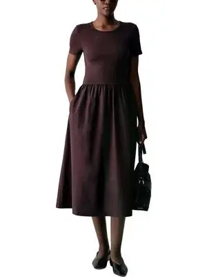 Marc O'polo Ribbed Texture Gathered Waist Midi Dress - Brown