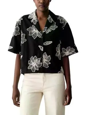 Sisley Floral Embroidered Short-sleeve Shirt - Black