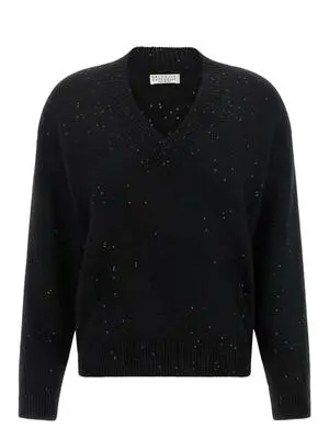 Brunello Cucinelli Sequin-embellished V-neck Sweater - Black