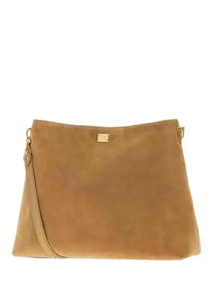 Dolce & Gabbana Suede Shoulder Bag With Logo Plaque - Neutrals
