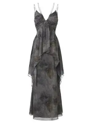 ELYWOOD Ink-wash Shirred Layered Maxi Dress - Grey