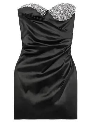 AREA Crystal Embellished Draped Mini Dress - Black