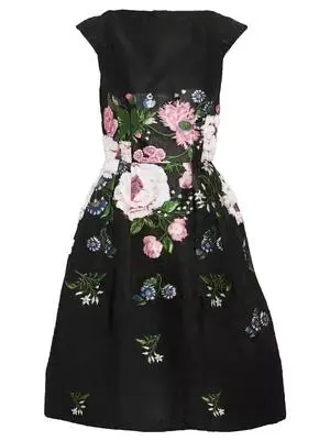 Oscar De La Renta Embroidered Fil Coupé Cloqué Midi Dress - Black