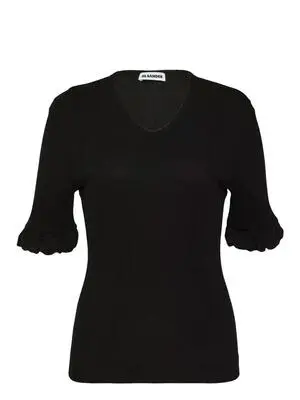 JIL SANDER Ribbed Top With Ruffled Cuffs - Black