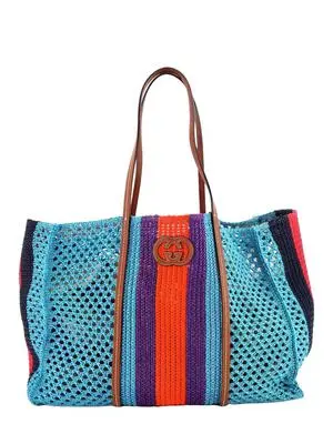 GUCCI Gucci Interlocking G Web Raffia Medium Tote Bag