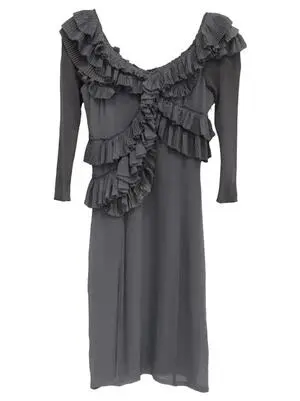 Burberry Ruffled Silk Dress With Pleated And Ribbed-knit Sleeves - Grey