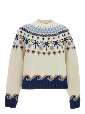 Alanui Jacquard Knit Sweater With Palm Tree And Wave Motif - Neutrals