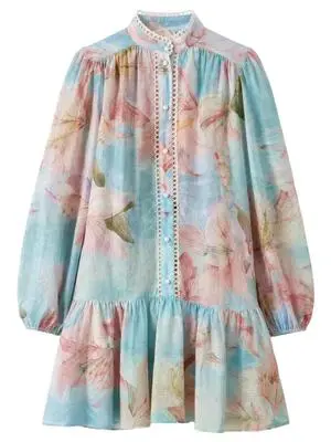 NEMA Floral Print High Neck Ruffled Mini Dress - Blue
