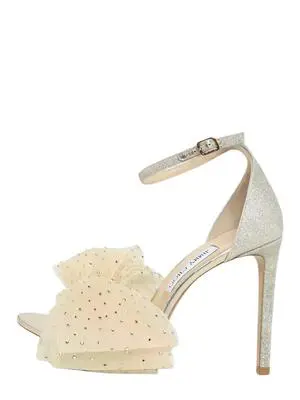 JIMMY CHOO Aveline Bow Detailed Glittered Sandals - Neutrals