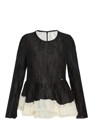 RENLI SU Crinkled Finish Ruffled Peplum Blouse - Black