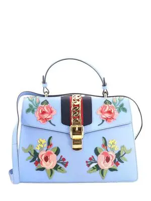 Gucci Sylvie Embroidered Leather Medium Satchel - Blue