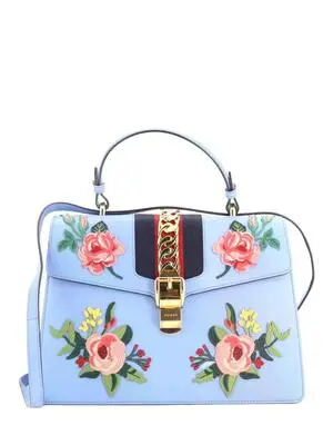 Gucci Sylvie Embroidered Leather Medium Satchel - Blue
