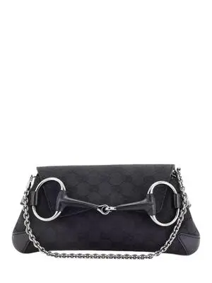 Gucci Horsebit Chain Gg Canvas Leather Clutch Bag - Black