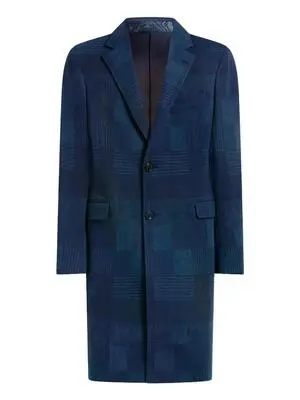 Etro Cotton And Wool Jacquard Coat With Checked Motif - Blue