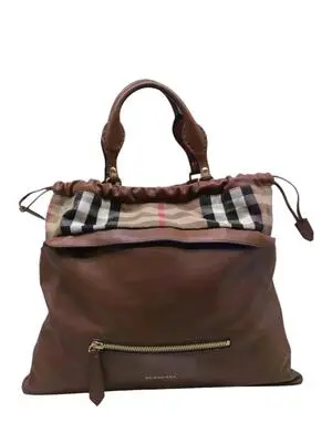 Burberry Leather Tote Bag With Check-pattern Trim - Brown