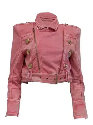 Balmain Cropped Denim Jacket With Gold-tone Logo-embossed Buttons - Pink