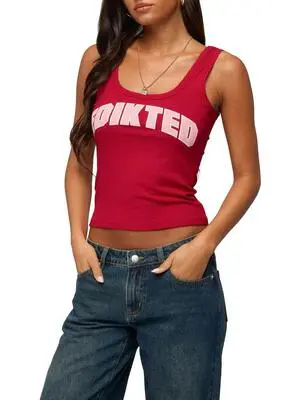 EDIKTED Ribbed Scoop Neck Tank With Logo Detail - Burgundy
