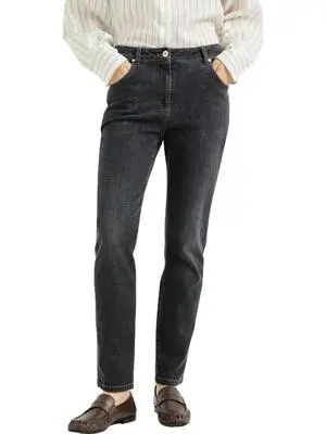 Brunello Cucinelli Slim Five-pocket Trousers With Leather Tab Detail - Dark Grey