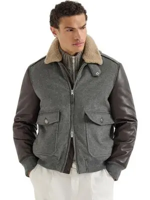 Brunello Cucinelli Bonded Cashmere Beaver Cloth And Nappa Leather Bomber Jacket With Detachable Shearling Collar - Medium Grey