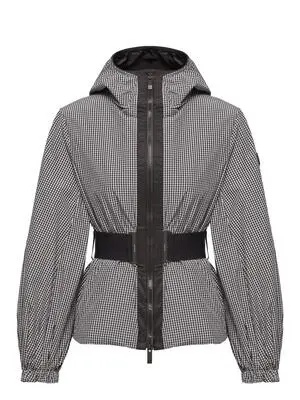 Moncler Rythme Checked Jacquard Belted Short Jacket With Hood - Grey