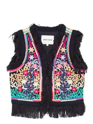 Antik Batik Embroidered Fringe Vest - Navy
