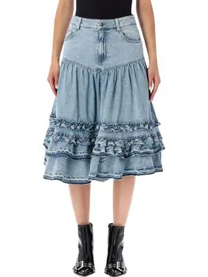GANNI Ruffled Denim Midi Skirt With Tie Detail - Blu