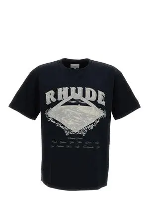 Rhude Crew Neck T-shirt With Front Print, 100% Cotton, Made In Usa - Blu