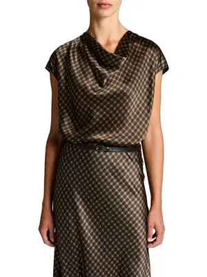 Vince Ombré Plaid Silk Satin Cowl-neck Blouse - Black/camel