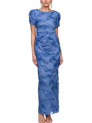 Js Collections Oriana Embroidered Puff Sleeve Column Gown - Indigo