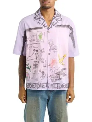 DIET STARTS MONDAY Doodle Graphic Cotton Button-up Shirt - Purple