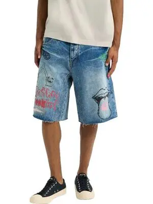 DIET STARTS MONDAY Doodle Distressed Raw Hem Denim Shorts - Indigo