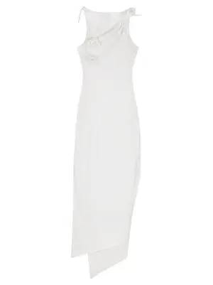 Coperni Sleeveless Midi Dress With Floral Appliqués And Asymmetrical Hem - White