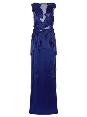 Alberta Ferretti Long Satin Dress With Appliqué And Ruffled Skirt - Indigo
