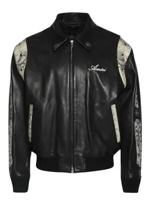 Amiri Printed Zip-up Leather Jacket With Snakeskin Trim - Black