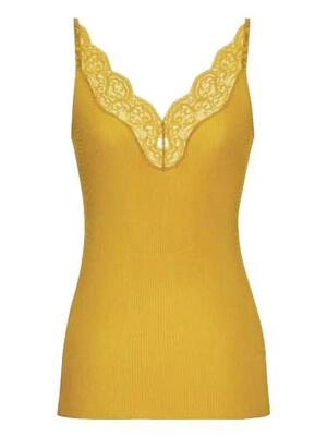 Saint Laurent Ribbed Silk Lace Trimmed V-neck Tank Top - Yellow