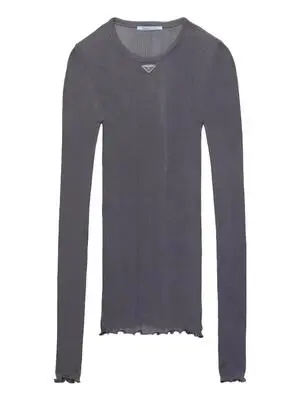 Prada Ribbed Knit Silk Long Sleeve Top - Grey