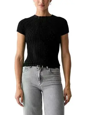 Guess Rhinestone Embellished Ribbed Knit T-shirt - Black