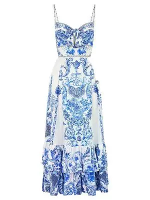 Camilla Baroque Print Crystal Embellished Tie-front Dress - White