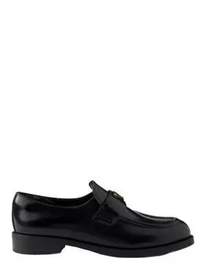 Prada Brushed Leather Loafers With Enamelled Metal Logo - Black
