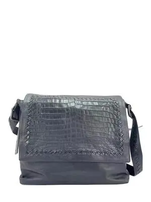 Bottega Veneta Croc-embossed Intrecciato Shoulder Bag - Black