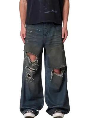 Mnml Oil Stain Rave Ripped Relaxed Wide Leg Jeans - Blue
