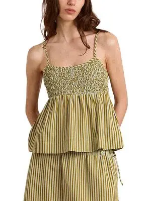 DAMSON MADDER Dinah Striped Smocked Organic Cotton Camisole - Basil