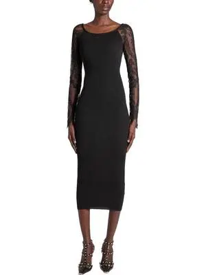 Valentino Garavani Lace Sleeve Ribbed Virgin Wool Blend Sweater Dress - Black