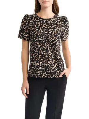 Anne Klein Leopard Print Puff Sleeve Knit Top - Vicuna Multi