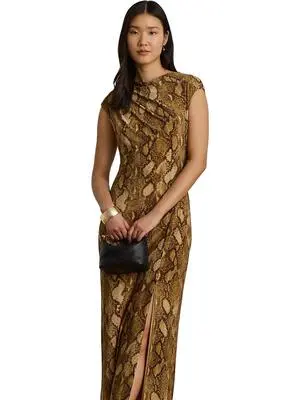 Ralph Lauren Python-print Jersey Cap-sleeve Midi Dress - Tan Multi