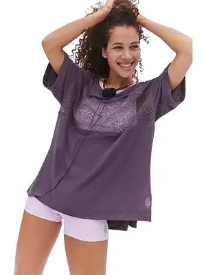 Free People Oversized Tee And Lace Detail Sports Bra With Mini Shorts Set - Moonscape Combo