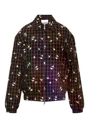 GANNI Check Floral-embroidered Zip-up Jacket - Brown