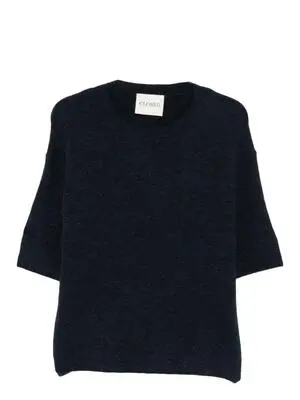 Closed Boxy Short-sleeve Sweater With Crew Neck And Ribbed Details - No