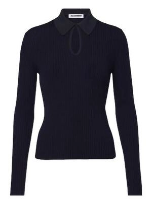 JIL SANDER Ribbed-knit Wool Polo Sweater With Keyhole Cutout - Blue